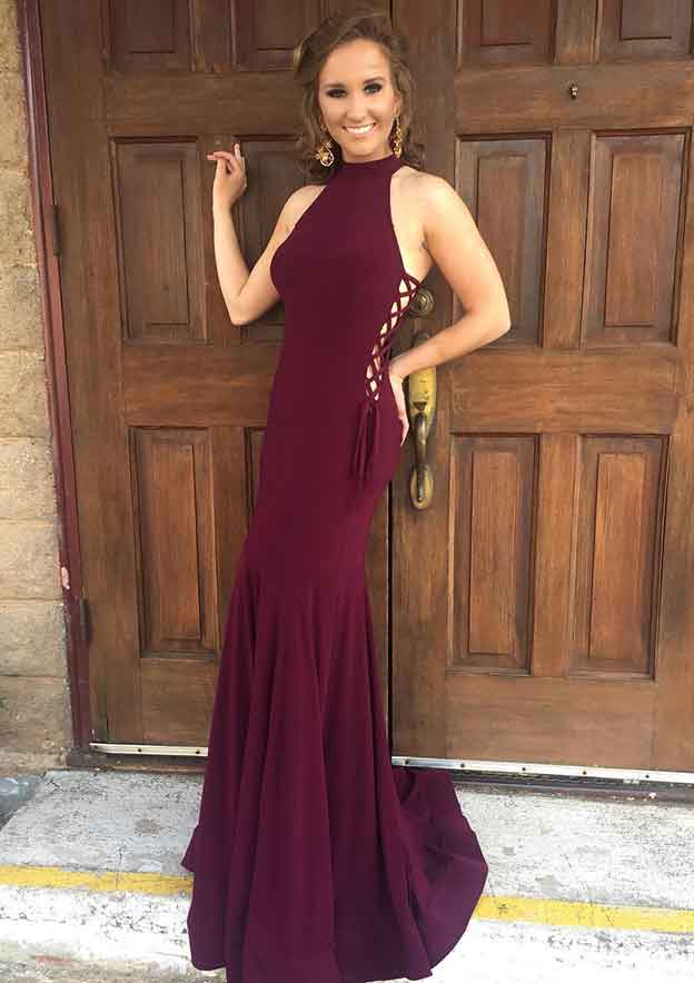 Halter Sleeveless Sheath/Column Sweep Train Jersey Prom Dress With ...