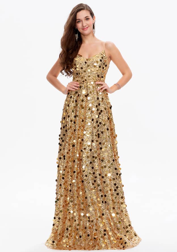 A-line V Neck Sleeveless Sequined Sweep Train Prom Dress - Prom Dresses ...