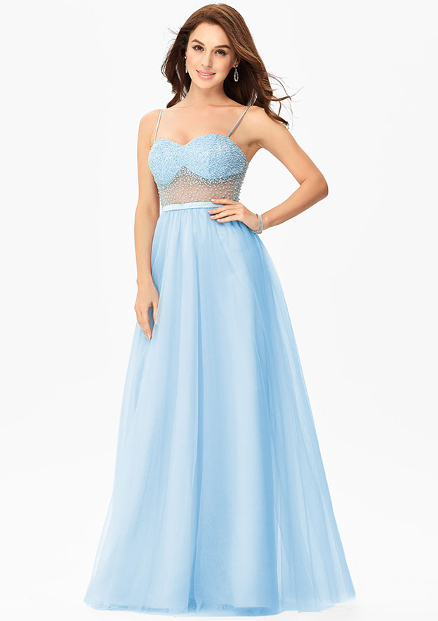 Princess A Line Illusion Neck Sleeveless Tulle Satin Long Floor Length