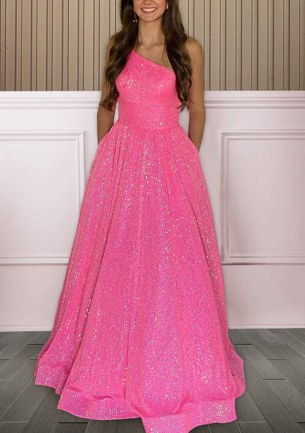 A-line One-Shoulder Sweep Train Sequined Prom Dress with Pockets - Prom ...