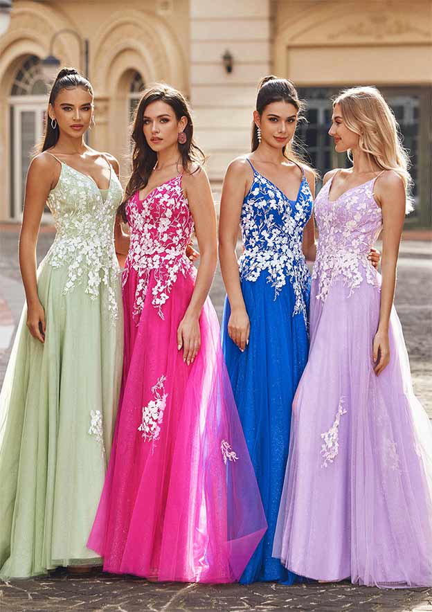 A-line Tulle Prom Dress V Neck Floor-Length with Appliqued Split ...