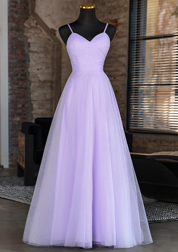 A-line Tulle Prom Dress V Neck Floor-Length with Pleated Glitter S7909P ...