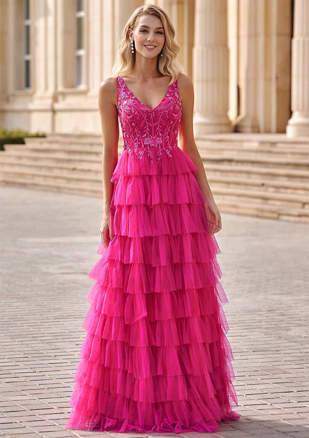 Trapèze col en v tulle traîne balayage robe de bal S8349P - Robes de ...