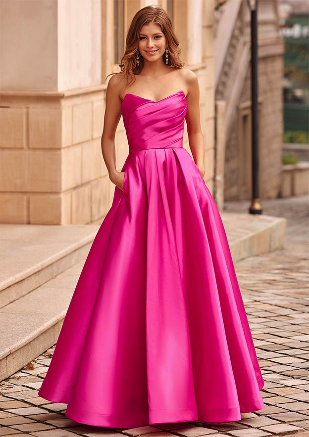 A-line Satin Prom Dress Scoop Neck Floor-Length with Pleated Pockets ...