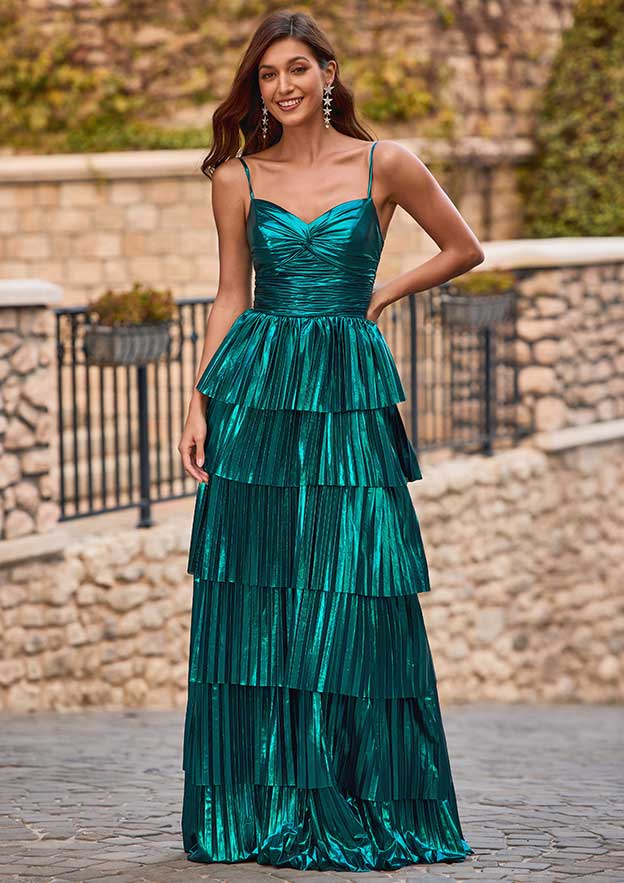 A-line V Neck Metallic Sweep Train Prom Dress with Pleated Ruffles ...