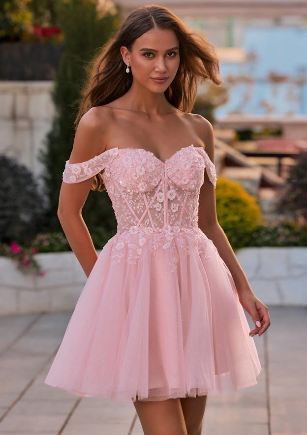 A-line Tulle Graduation Dress Off-the-Shoulder Short/Mini with Beading ...