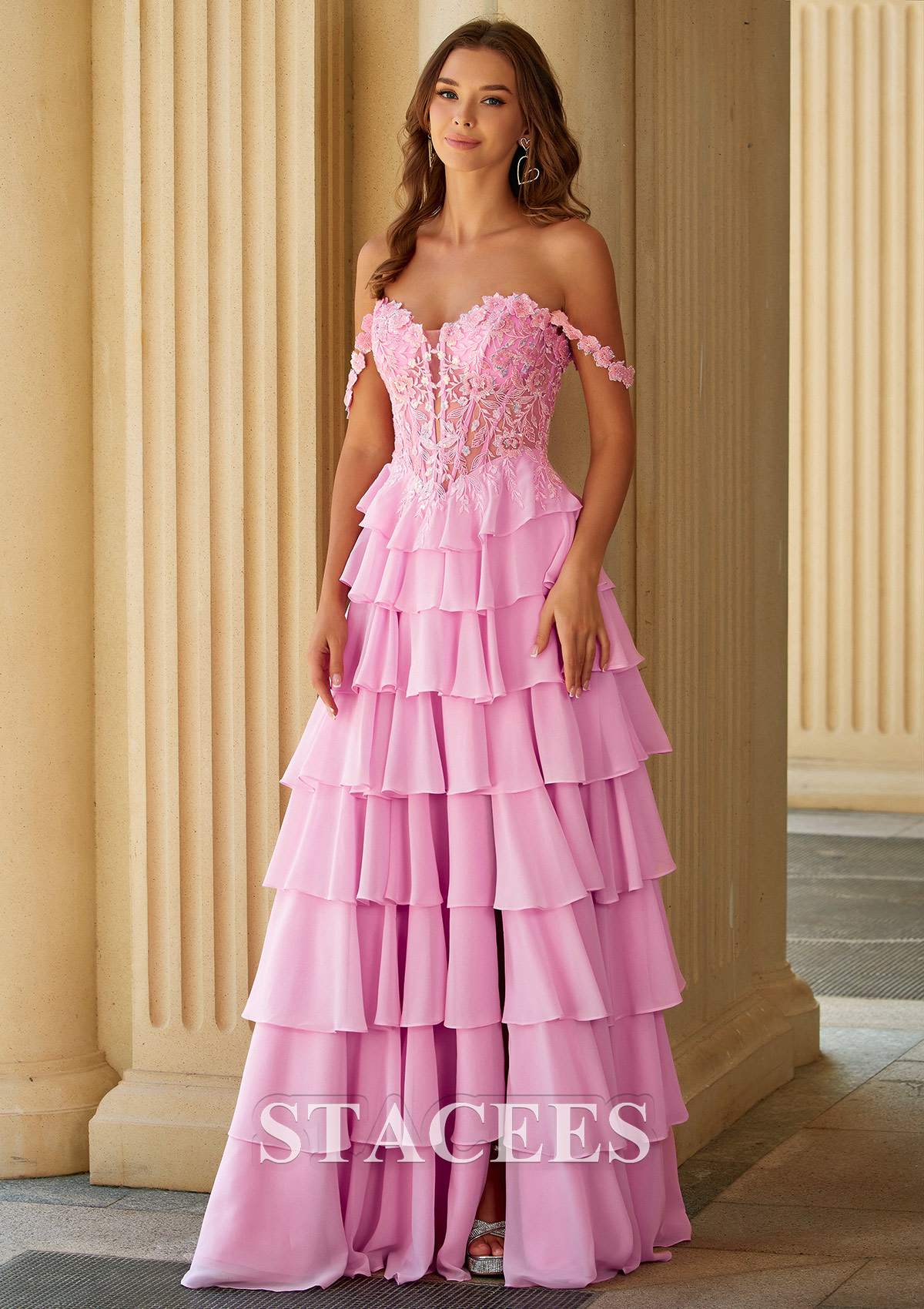 A-line Chiffon Prom Dress Off-the-Shoulder Floor-Length with Appliqued ...